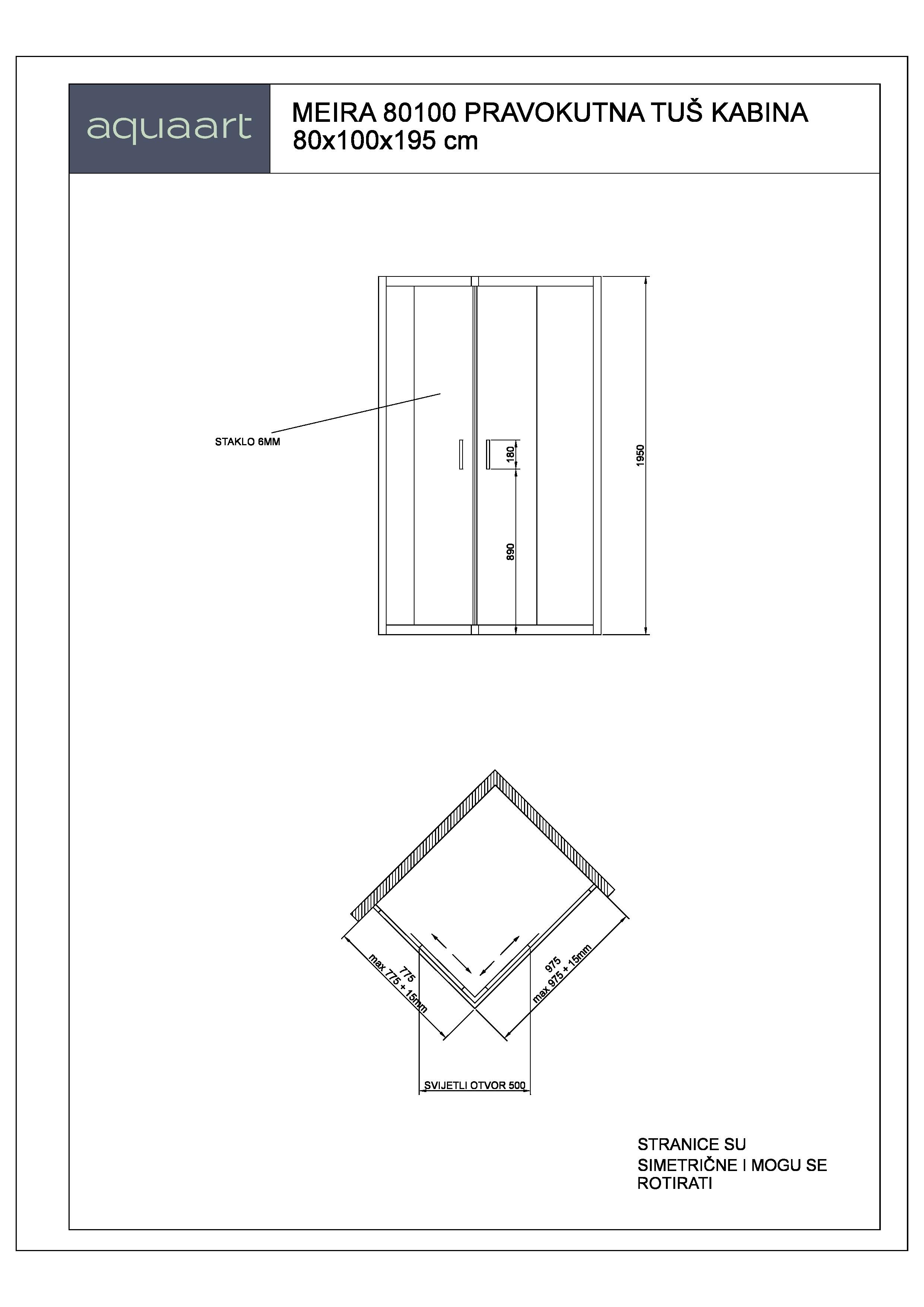 Tuš kabina AQUAART TK MEIRA pravokutna, 80x100x195 cm | Pevex