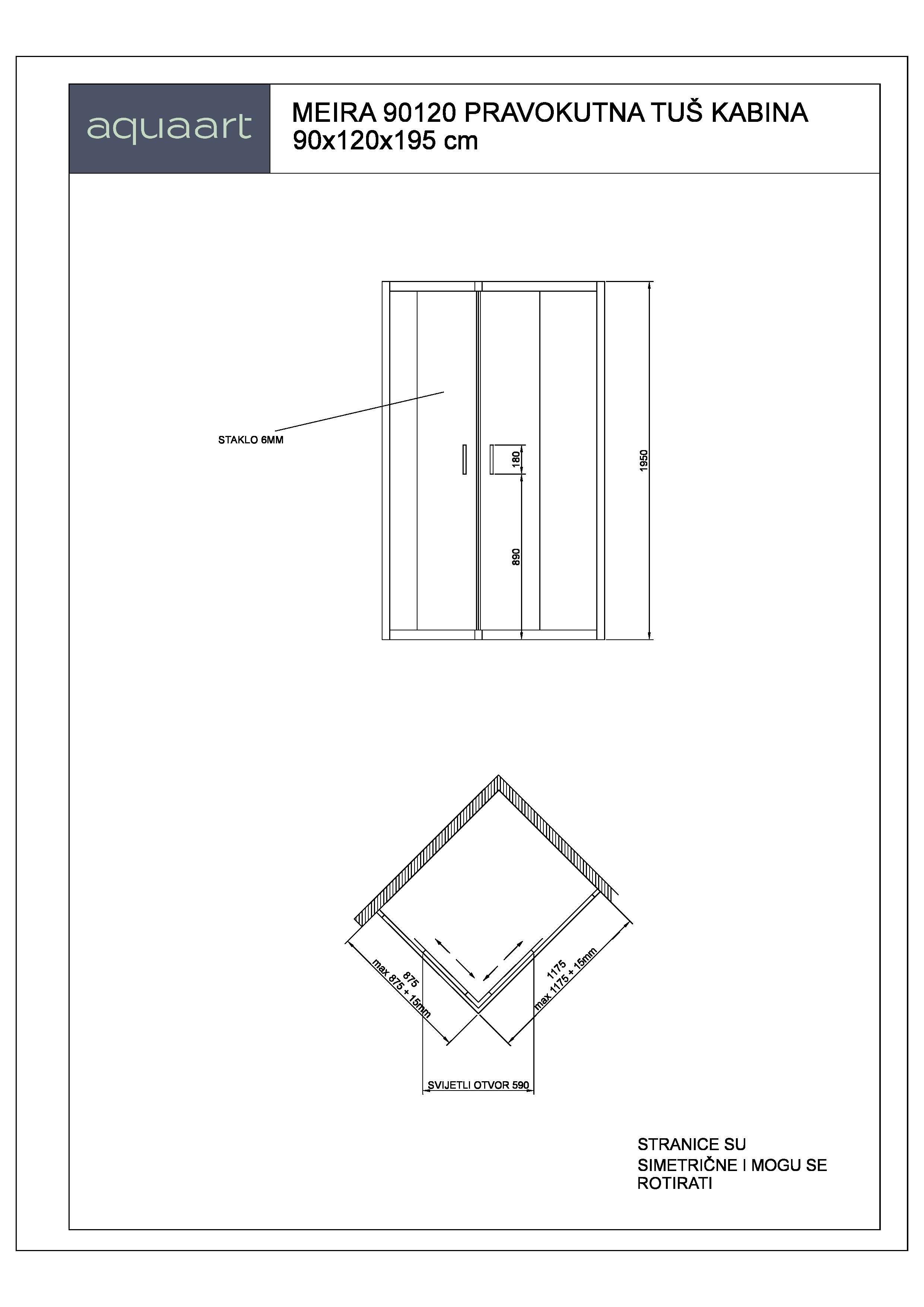 Tuš kabina Aquaart TK Meira 90120 90x120x195cm | Pevex