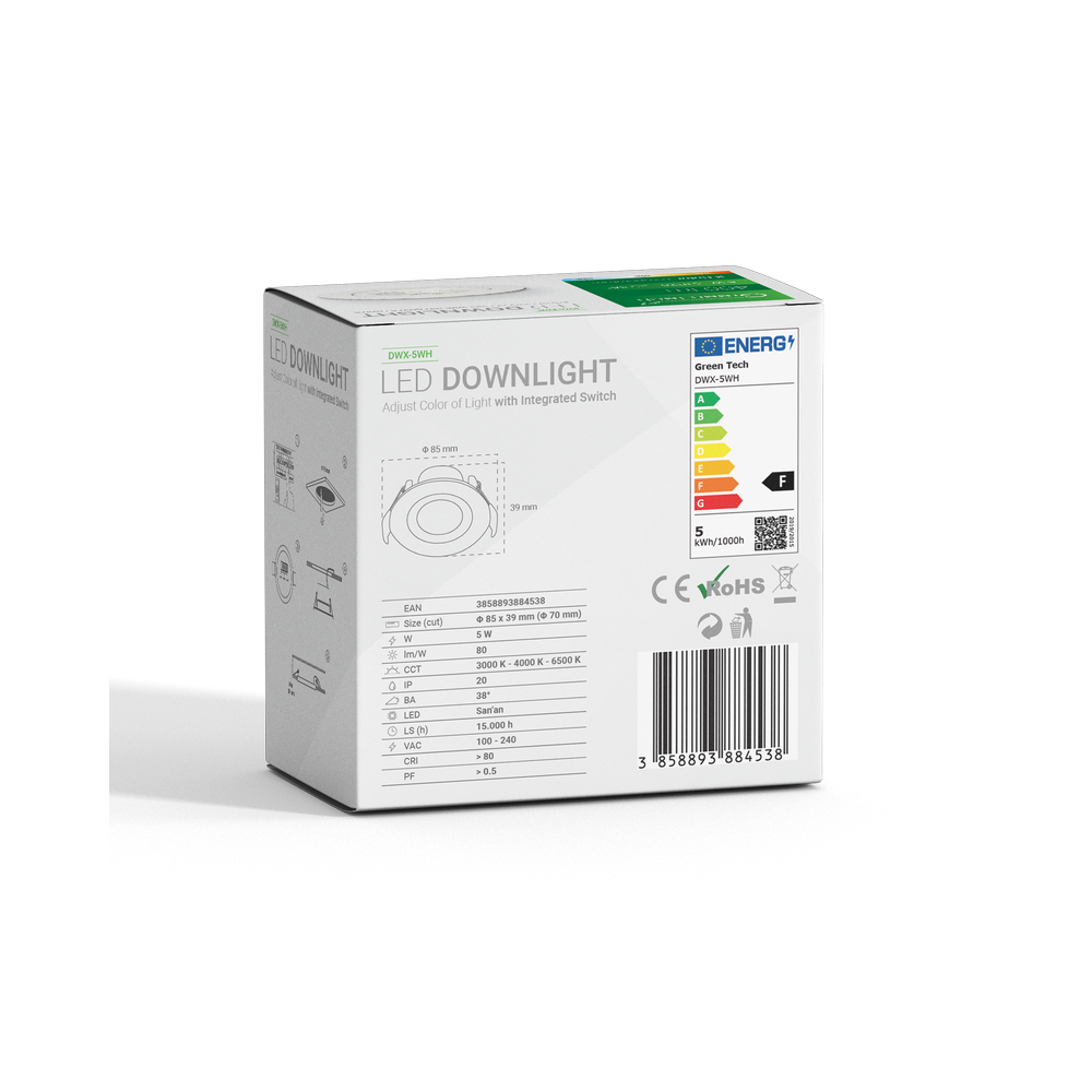 Ugradbena rasvjeta GREEN TECH LED 5W CCT 3000K-4000-6500K BIJELI | Pevex