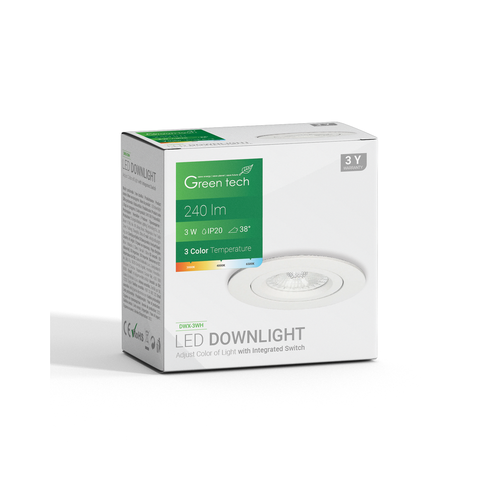 Ugradbena rasvjeta GREEN TECH LED 3W CCT, 3000K-4000-6500K BIJELI | Pevex