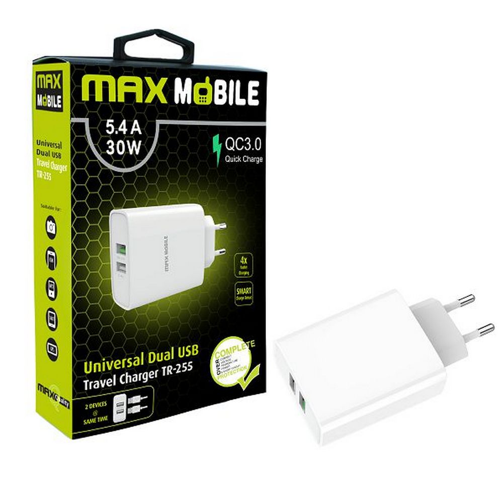 MAXMOBILE KUĆNI ADAPTER QC 3.0 QUICK CHARGE DUAL USB TR-255 5.4A,30W ...